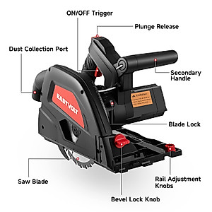 Eastvolt 6-1/2" Plunge-cut Track Saw, 0-45°Bevel Adjustment, 5500RPM Plunge Circular Saw for Wood Cutting
