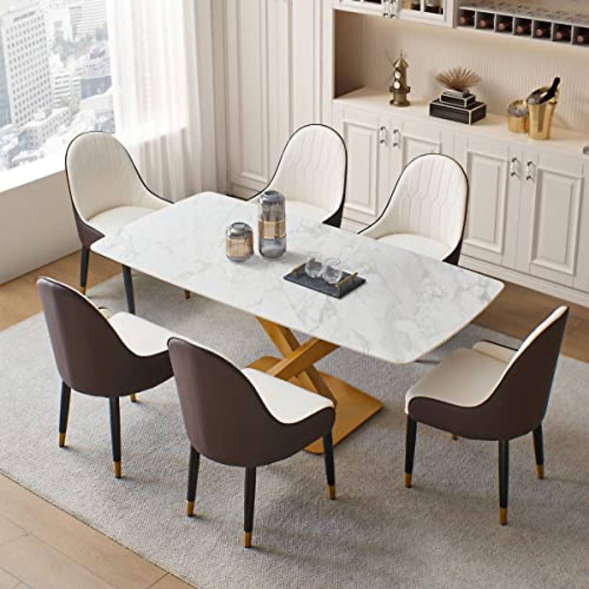 Montary 7-Piece Dining Table Set - 63" Faux Marble Table Top & X-Shaped Solid Gold Carbon Stell Legs, 1 Dining Table with 6 Dining Chairs, Morden Rectangular Dining Set for Kitchen, Resterant