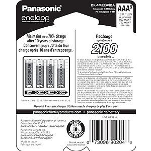 Eneloop Panasonic BK-4MCCA8BA AAA 2100 Cycle Ni-MH Pre-Charged Rechargeable Batteries, 8-Battery Pack