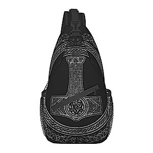 Crossbody Sling Backpack Thor's Hammer Mjolnir Viking Runes Norse Mythology Men Women Hiking Chest Shoulder Bag