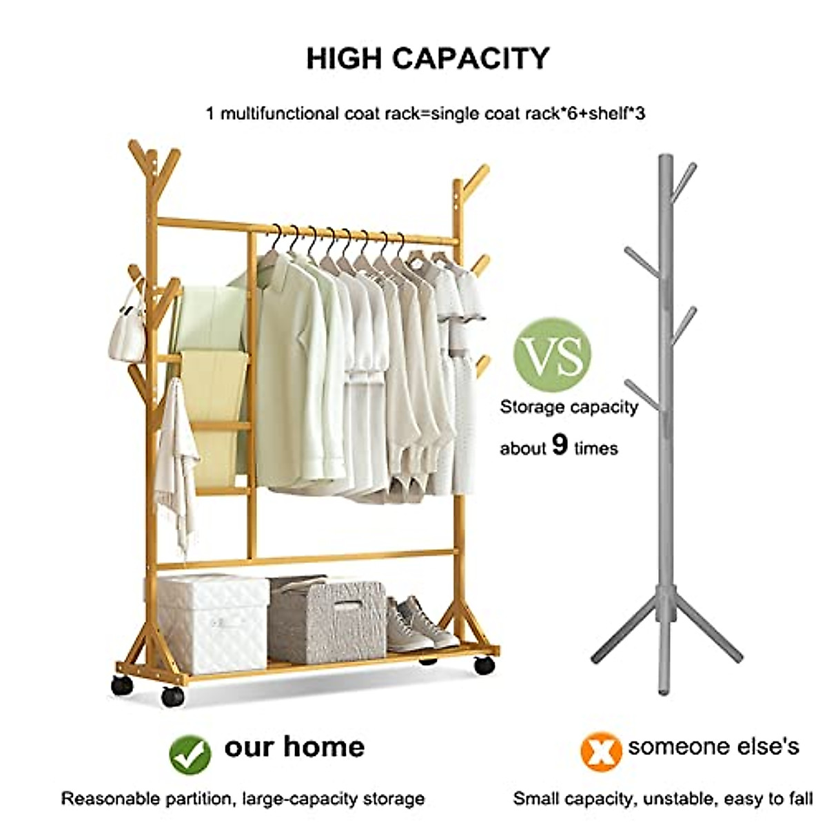 YXDFG Rolling Closet Organizer Shoe Rack,Bamboo Clothes Drying Rack,Coat Rack Stand Garment Rack Rail W/9 Side Hooks,Hall Tree Entryway Bedroom Storage Shelves Clothes Hanging Rack,Brown