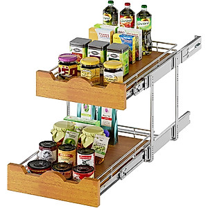 DINDON 2 Tier Pull Out Cabinet Organizer (14" W x 21" D) Slide Out Wood Shelf Double Tier Kitchen Wire Basket with Chrome Finish…