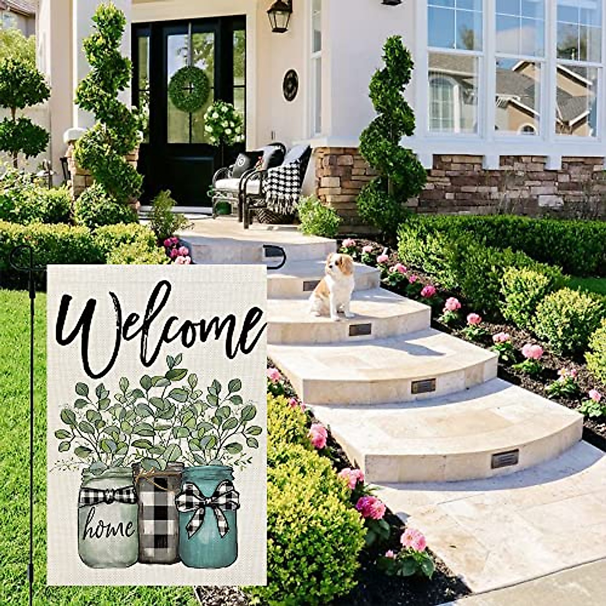 CROWNED BEAUTY Welcome Garden Flag Floral Mason Jar 12x18 Inch Double Sided for Outside Small Buffalo Plaid Burlap Yard Flag CF789-12