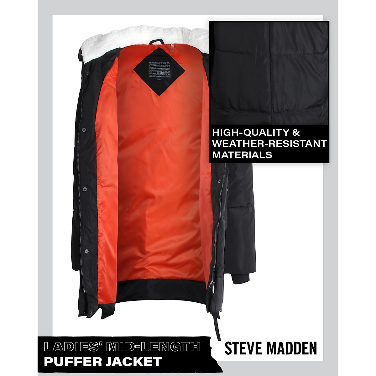 Steve Madden womens Steve Madden Women's Puffer Parka Jacket Down Alternative Coat, Black Two, Large US