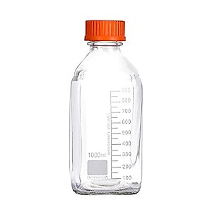 Pastein 4 Pack 1000 mL Graduated Square Reagent Media/Storage Glass Bottle With GL45 Orange Polypropylene Screw Cap