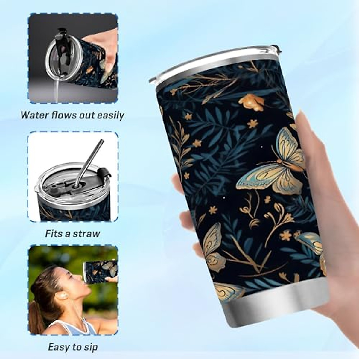 Wassud Gold Blue Butterfly 20 oz Tumbler with Lid and Straw Stainless Steel Double Wall Vacuum Tumblers Insulated Travel Coffee Mug for Cold and Hot Drinks