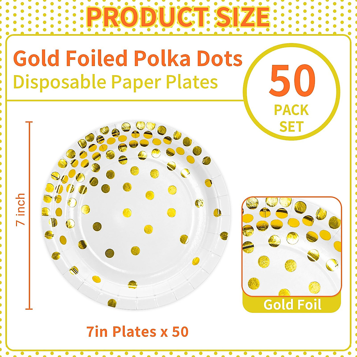 DYLIVeS White and Gold Paper Plates, 7 inch Metallic Foil Polka Dots Disposable Dessert Party Plates Cocktail Party Supplies Plates for Birthday, Bridal Shower, Easter, Graduation Party, 50 Pack