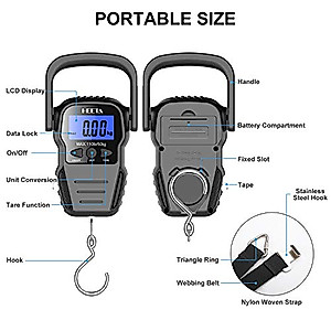 HEETA Fish Scale with Backlit LCD Display, Up to 110lb/50kg Digital Portable Hanging Fish Weight Scale with Hook & Measuring Tape for Home, Farm, Outdoor, Hunting, Fishing, 2 AAA Batteries Included