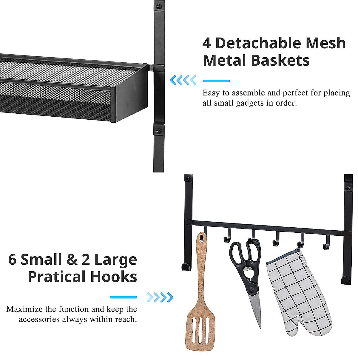 keomaisyto Upgrade Over the Door Organizer with Hooks &Baskets, 5 Tier Wall Mounted Pantry Door Organizer Hanging Spice Rack for Kitchen, Metal Back of Door Storage for Spice Snack Black