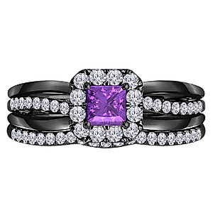 DS Jewels 2.00 CT Princess Cut Created Purple Amethyst 14k Black Gold Rhodium Plated Alloy Split Shank Halo Style Wedding Band Engagement Bridal Ring Set Size 4-12