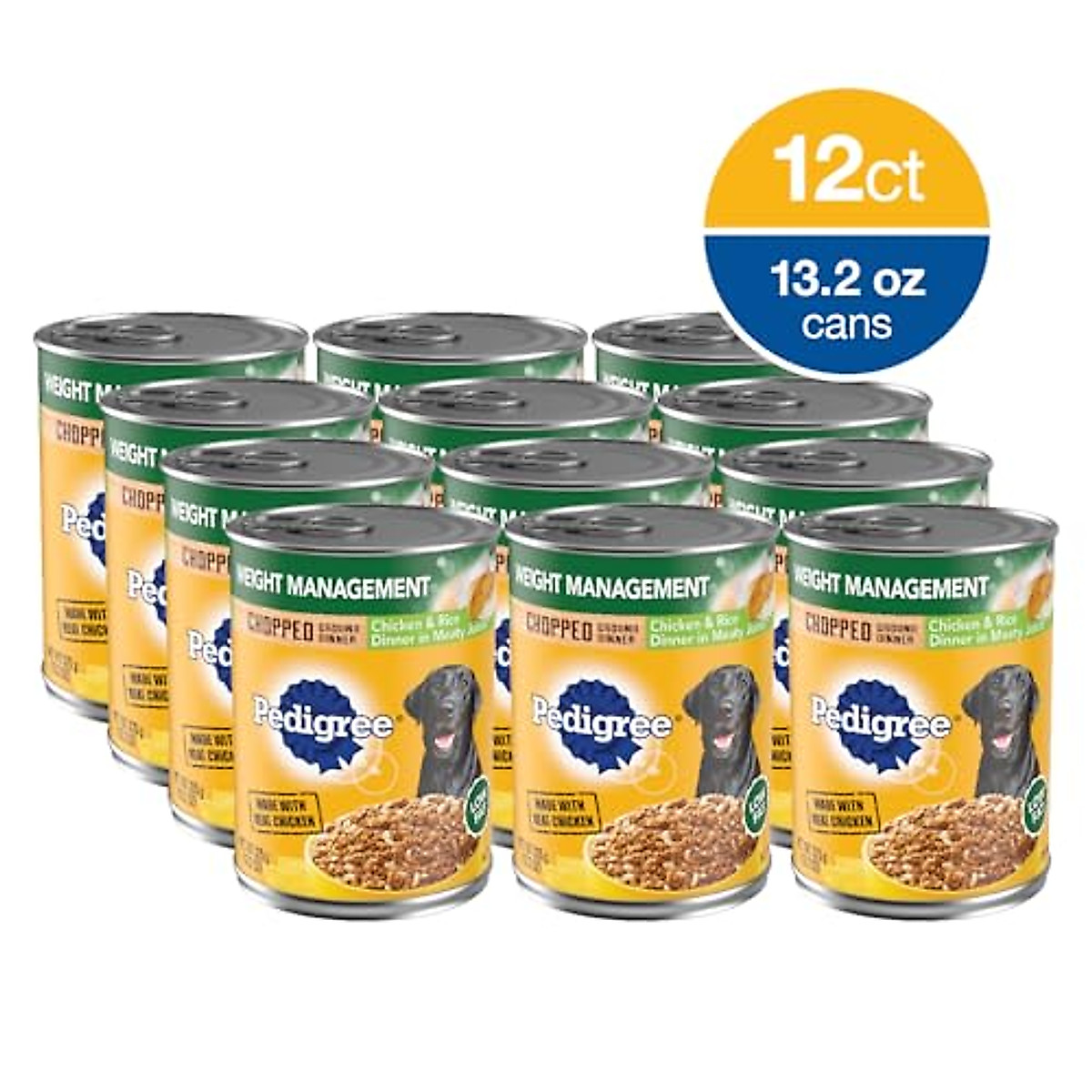 Pedigree Chopped Ground Dinner Weight Management Wet Dog Food Chicken & Rice Dinner in Meaty Juices, 13.2 oz. Cans 12 Count
