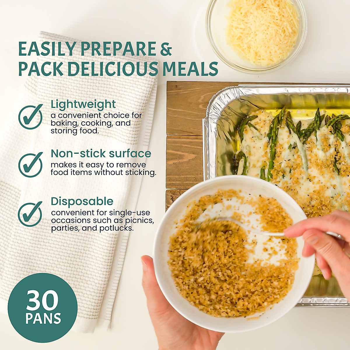 FUNSTITUTION Aluminum Foil Pans 8x4 Inches (30 Pack) - Tin Foil Pans with High Heat Conductivity - Disposable Aluminum Tray Cookware For Baking, Grilling, Cooking, Storing, Prepping