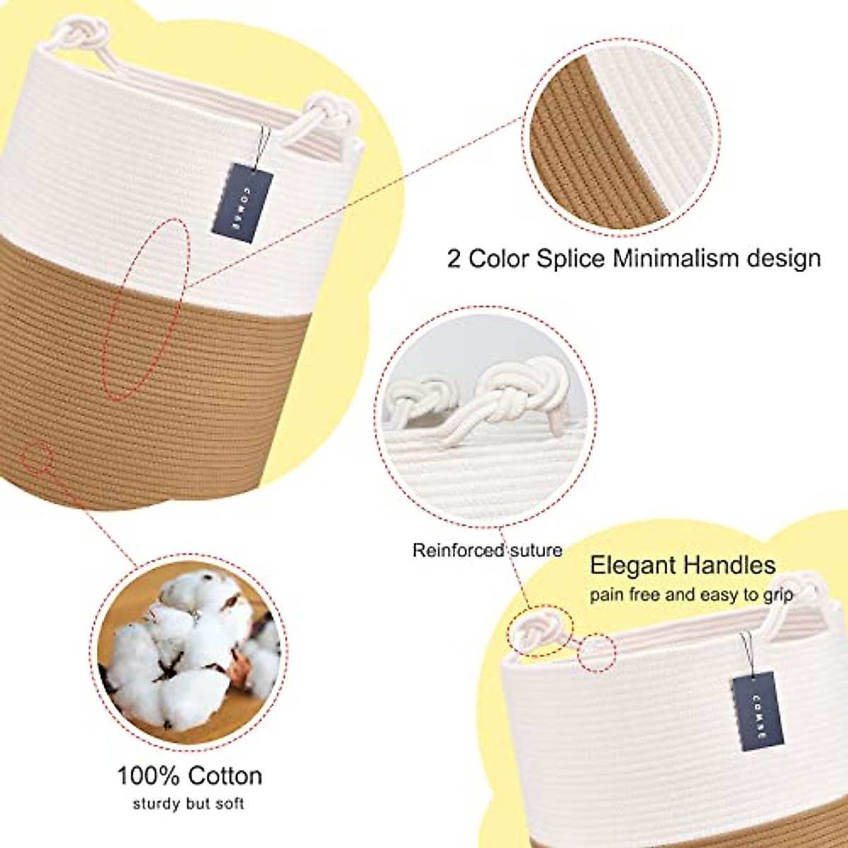 COMSE Extra Large Blanket Basket, Storage Basket, Large Laundry Baskets, 15.7”x 21.7”, Cotton Rope Basket, Blanket Storage for Living Room, Toy Basket, Woven Basket, Clothes Baskets,White/Camel