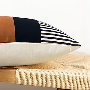 Vfuty Brown and Black Decorative Pillow Cover Set of 2, Farmhouse Stripe Pillow Cover 12x20 Modern Faux Leather Accent Pillow Case for Couch Sofa Bed Boho Patchwork Cushion Cover