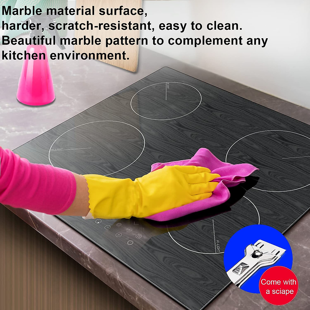 Karinear Electric Cooktop 24 Inch, 4 Burners Built-in Electric StoveTop with Wooden Patterned Surface, Ceramic Cooktop with Child Lock, Timer, Residual Heat Indicator,220-240v Hard Wired,No Plug(LH06)