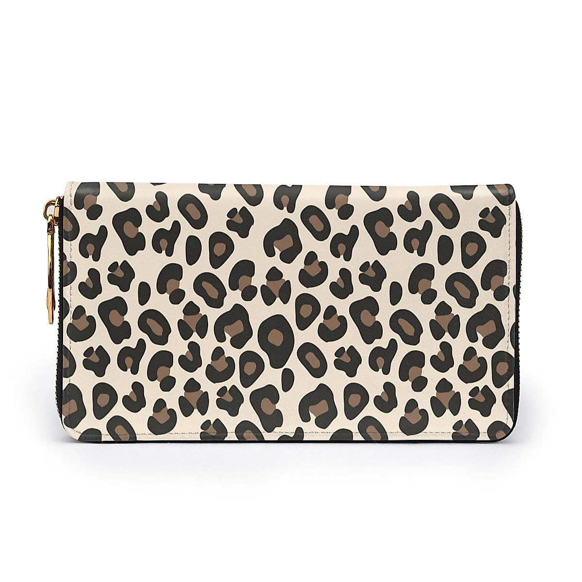 AJUNJUNPAI Cheetah Leopard Print Cowhide Leather Clutch Print Wallet for Women Purse Organizer Zip Around Cards Phone Holder, Black, One Size