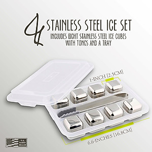 G Francis Beverage Chiller Stones - 8pc Reusable Freezer Whisky Stainless Steel Ice Cube Set with Tongs and Container