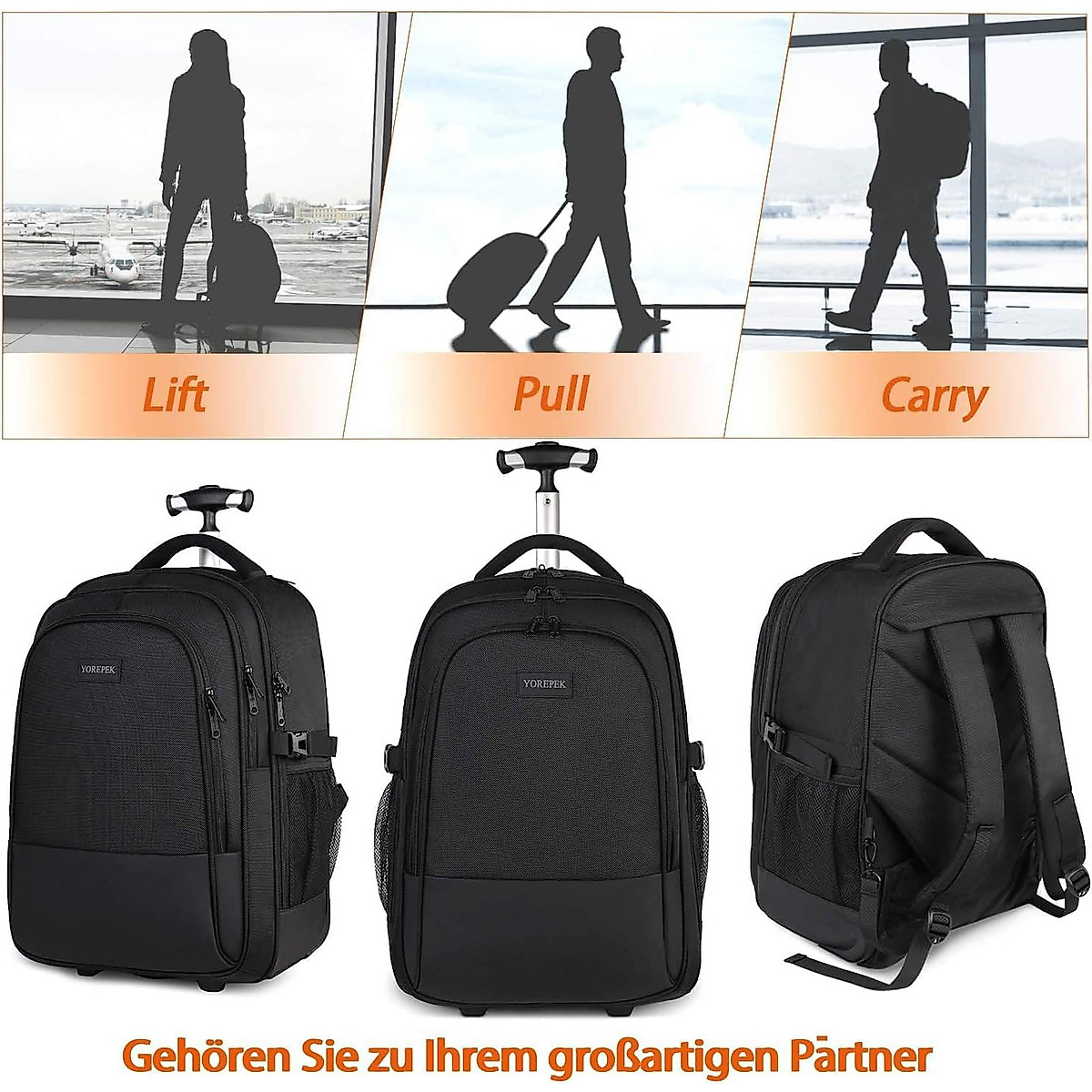 Backpack with Wheels, Large Rolling Backpack for Men Women, Water Resistant Business Travel Carry on Wheeled Backpack Bag, Durable Roller College School Computer Bookbag Fits 15.6 Inch Laptop, Black