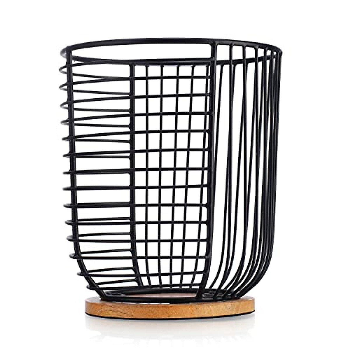 MosJos Extra Large Black Utensil Holder with Wooden Base - Farmhouse Utensil Storage - Wire Crock Kitchen Countertop Organizer - 7.2 x 6.2 Cooking Utensil Holder