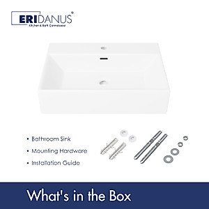 24" x 16" Bathroom Sink Vessel Rectangle, Eridanus Hang Wall Mount Sinks Countertop Vanity Floating Trough Washbasin, Ceramic Porcelain Modern White Art Basin Bowl with Overflow