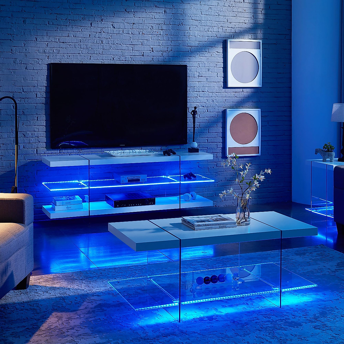 T4TREAM Modern TV Stand for 75 Inch TV, Tempered Glass and Wood Entertainment Center with RGB LED Lights, Media Console Table with Open Storage Shelves for Living Room, Solid White