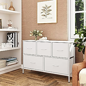 WLIVE 2-Drawer Nightstand and 5-Drawer Dresser Set, Dressers for Bedroom, Fabric Storage Tower, Hallway, Entryway, Closets, Sturdy Steel Frame, Wood Top, Easy Pull Handle (White)
