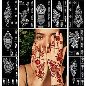 QSTOHENA 9 Sheets Henna Tattoo Stencils kit for Hand Reusable, Mehndi Temporary Tattoo Adhesive Templates Flower stencils for Women Girls Face Body Finger Art Paint