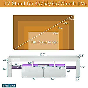 HAKFOO Modern LED TV Stand for 65/55 inch TV, Modern Entertainment Center with 1-2 Storage Drawers, High Gloss Television Stand for Living Room, APP/Remote RGB Light (White, 63inch)