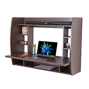 Basicwise Wall Mount Laptop Office Desk with Shelves, Brown,