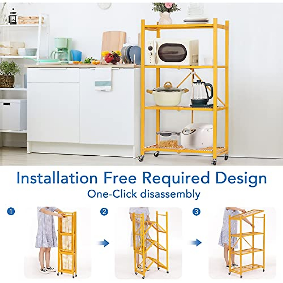 ShanSon Storage Shelves with Wheels 4 Tier Heavy Duty Foldable Metal Rack Storage Shelving Units for Garage Kitchen，Yellow