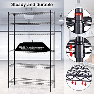 6 Tier Wire Shelving Unit Wire Shelves, NSF Heavy Duty Height Adjustable Storage Wire Shelf Shelving Rack with Feet Leveler Garage Rack Kitchen Rack Office Rack Commercial Shelving (Black 42x16x72)