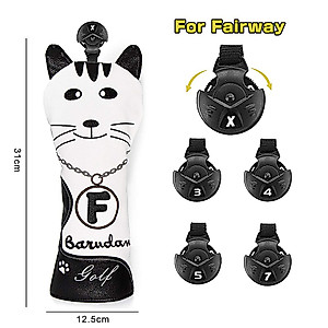 Barudan Golf Wood Headcovers Head Covers Set for 1 Driver 460cc Fairway Hybrid Rescue Utitliy with Adjustable Number tag Black and White Kitten Animal Series Leather Well Made