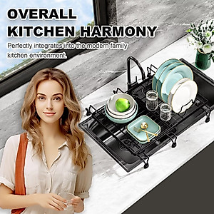 MOUKABAL Expandable Dish Drying Rack-Over Sink&Dish Drainer Holder for Kitchen Counter,Space-Saving Kitchen Organizer with Large Capacity,Matte Black, Stainless Steel