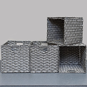 Foldable Synthetic Plastic Wicker Storage Basket with Iron Wire Frame By Blue Ridge Basket Company (Set of 4)