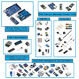 GAR Monster Starter Kit for Arduino Uno Mega Nano, Complete Advanced Set, ESP32, ESP8266, 25 Sensor Modules, Bluetooth WiFi Ethernet for STEM Robotics Projects