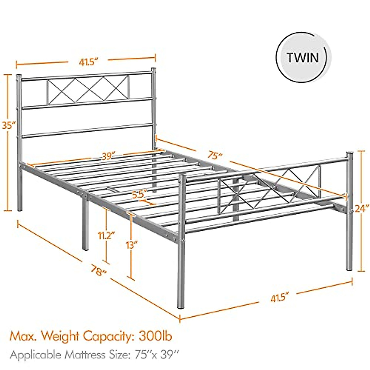 Topeakmart Wrought Iron Twin Bed Frame,Metal Silver Platform with Headboard and Footboard,Mattress Foundation,No Box Spring Needed,Strong Slat Support