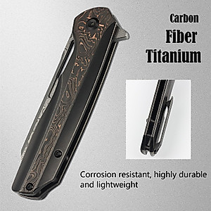 KANSEPT Shard Pocket Folding Knives for Men EDC Camping Folding Knife 3.48'' Damascus Material Pocket Folding Knife with Blackwash Titanium Copper Carbon Fiber Handle Everyday Carry K1006C2