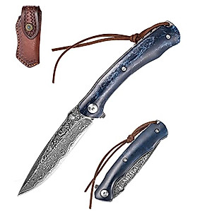 FXFSTEEL Damascus Pocket Knife, Handmade VG10 Damascus Steel Folding Knives with Liner Lock, Beef Bone Handle and Glass Breaker, EDC Damascus Knife for Men Women -Blue