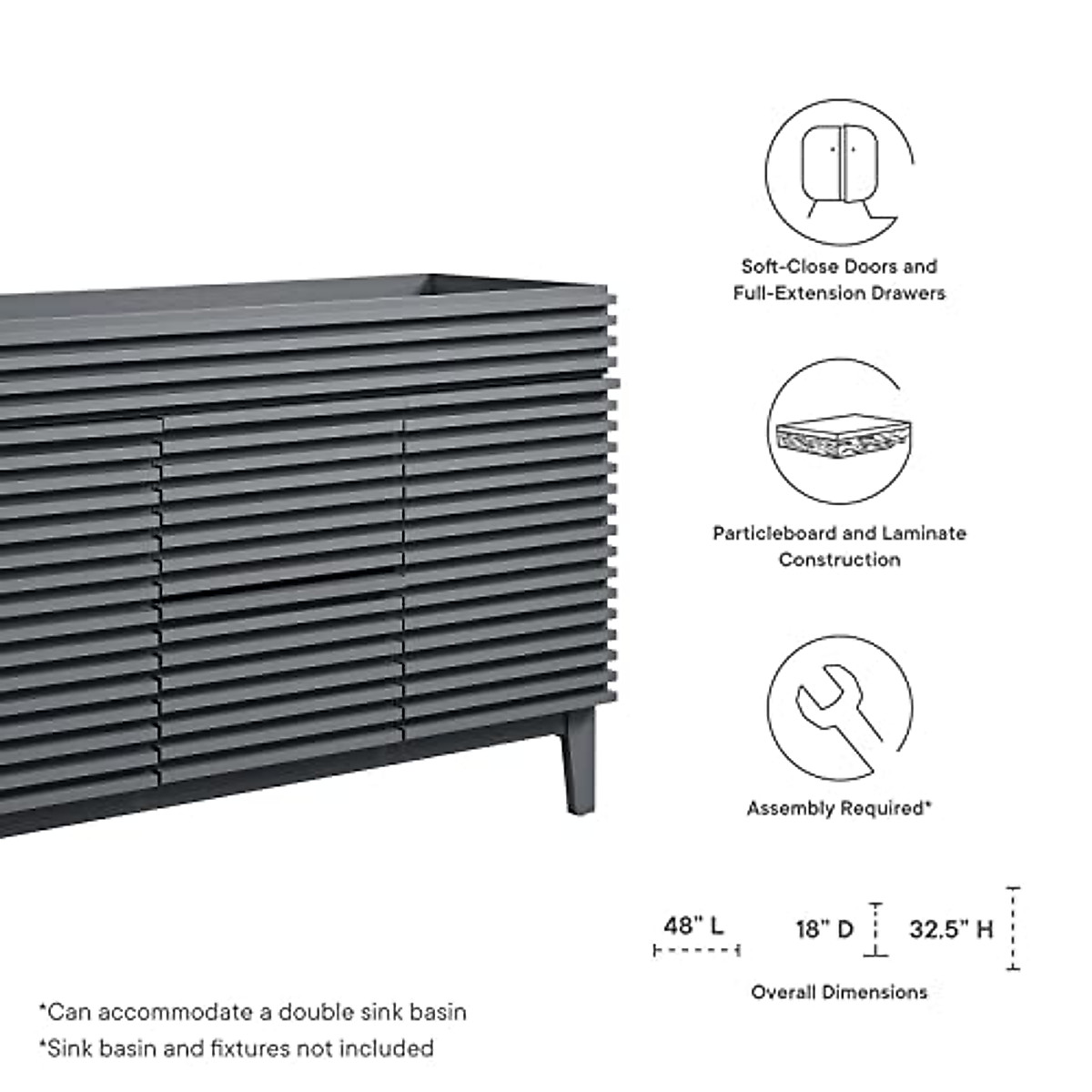 Modway Render 48" Double Sink Compatible (Not Included) Bathroom Vanity Cabinet in Gray