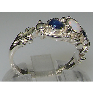 925 Sterling Silver Natural Opal and Sapphire Womens Trilogy Ring - Size 4.75