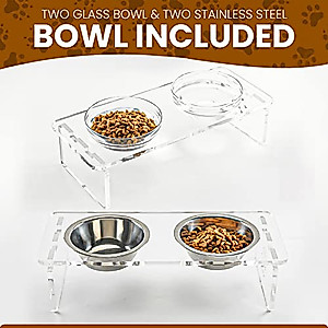 Dog and Cat Bowls Elevated Set - Acrylic Feeder Stand with 2 Set Removable Stainless Steel and Glass Bowls Food and Water Raised Dishes for Small Pet,3.75 inches