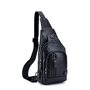 Men's Genuine Leather Sling Bag, Crossbody Shoulder Bag Chest Bag Casual Travel Hiking Sling Backpack with USB Charge Port (Black)