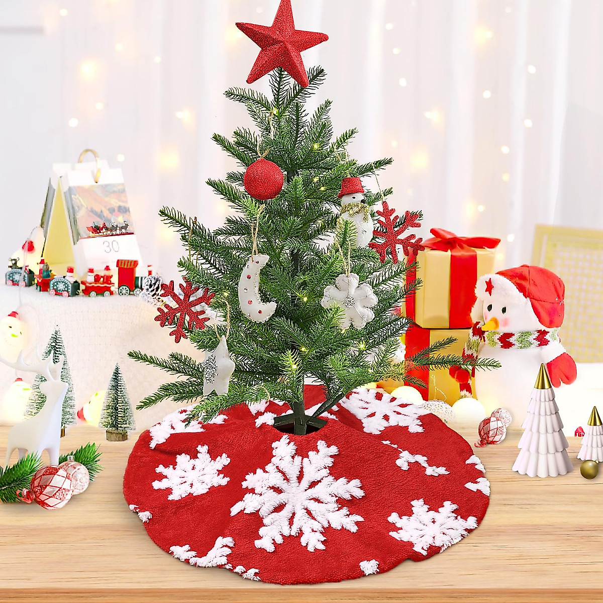 24 Inch Tree Skirt Small Red Christmas Tree Skirts with White Snowflakes Faux Fur Xmas Tree Decorations