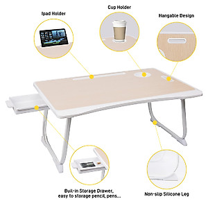 Amaredom Laptop Bed Desk Tray Bed Table, Foldable Portable Lap Desk with Storage Drawer and Cup Holder for Eating Breakfast on Bed/Couch/Sofa-White Oak