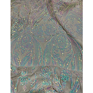 White Iridescent Geometric Stretch Sequin Fabric by The Yard | 4 Way Stretch Fabric Spandex Lace Fabric | White Stretch Mesh Embroidery with 3mm Sequin | White Iridesecent Sequin Fabric-Per Yard