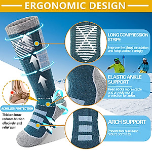 Anlisim Kids Merino Wool Ski Socks for Girls Boys Teen Thermal Winter Warm Thick Hiking Knee High Socks Stocking Stuffers for Skiing Snowboarding (Grey/Dark Blue/Green C, 8-12 Y)