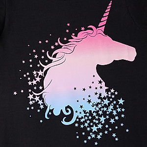 Amazon Essentials Girls' Short-Sleeve T-Shirt Tops (Previously Spotted Zebra), Pack of 4, Black Unicorn/Grey Text Print/Light Pink/Lilac, X-Large