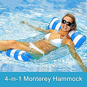 Water Hammock Inflatable Pool Float for Adult, Swimming Mesh Floating Bed Hammocks (Saddle, Lounge Chair, Hammock, Drifter) Pool Chair Lounge Bed Swim Chair (Blue Stripe)