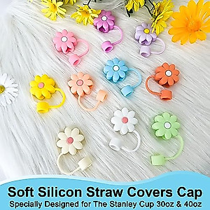 10pcs Flower Straw Topper Fitting for Stanley Straw Covers, Silicone Straw Covers Cap for All 9-10mm Straws, Reusable Straw Covers Compatible for Stanley 30&40 Oz, Straw Toppers Suited for Stanley Cup