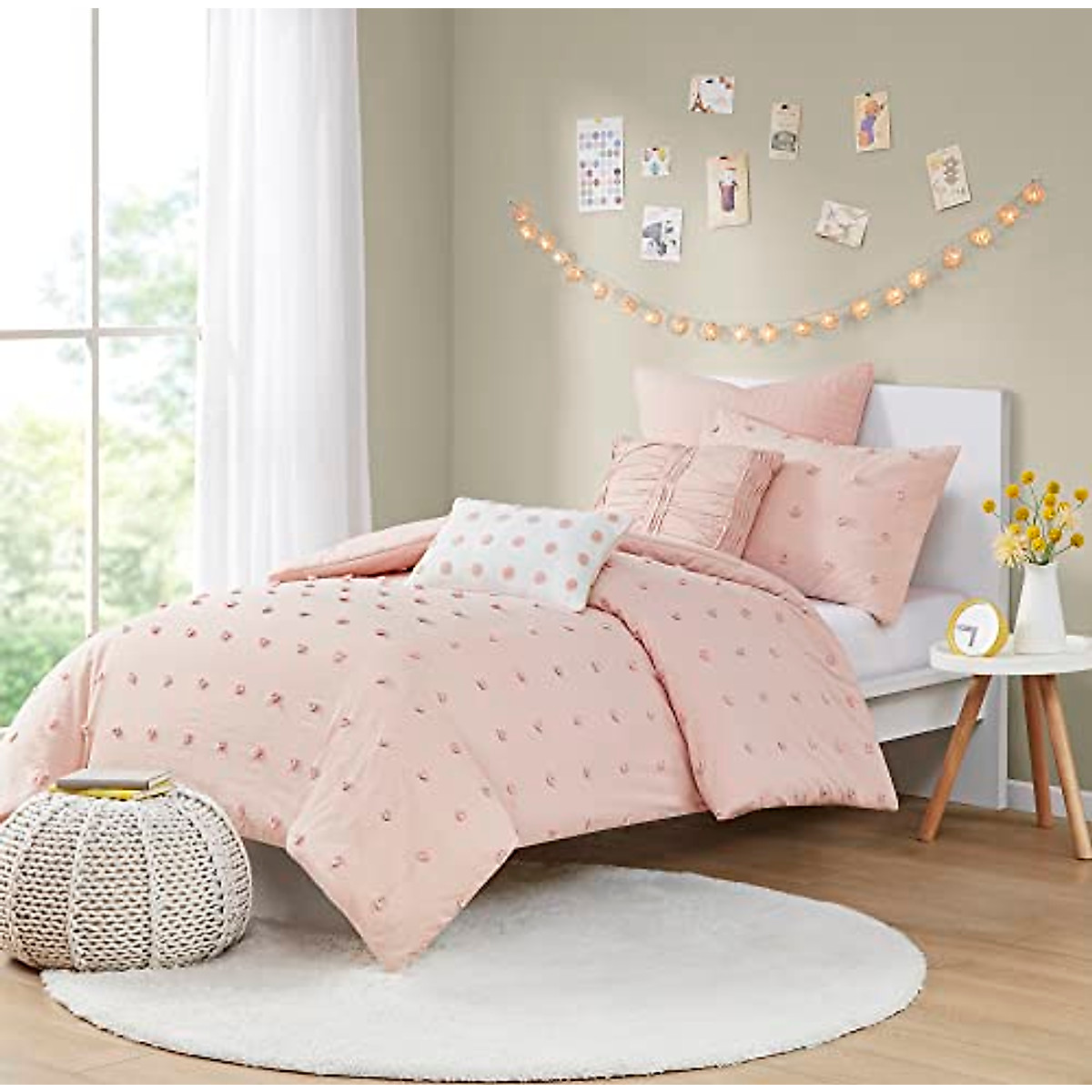 Urban Habitat Duvet Set 100% Cotton Jacquard, Tufts Accent, Shabby Chic All Season Cover for Comforter, Matching Shams, Decorative Pillows, Twin/Twin XL (68 in x 92 in), Pink 5 Piece